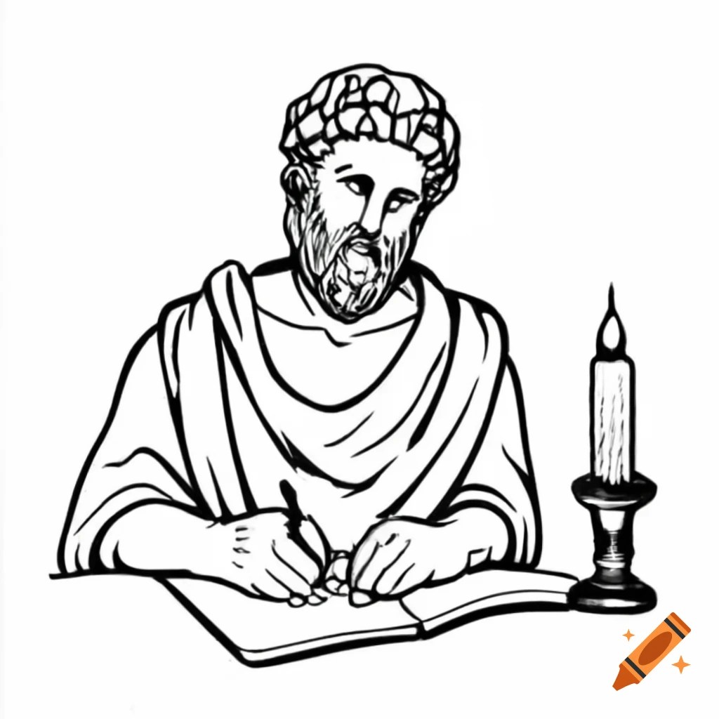 Black and white ink drawing of a Greek philosopher writing by ...