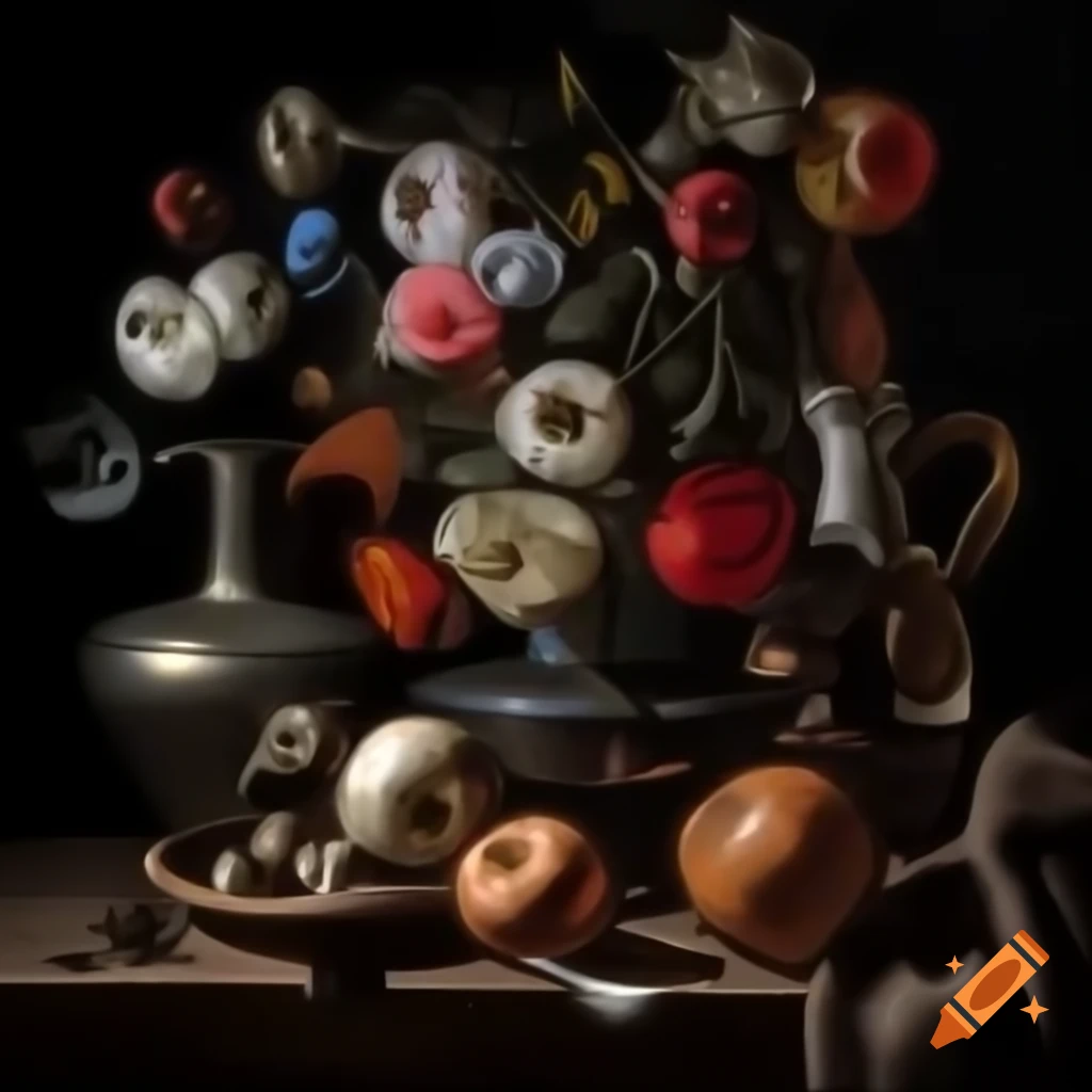 Dramatic light and shadow in chaotic still life reminiscent of ...
