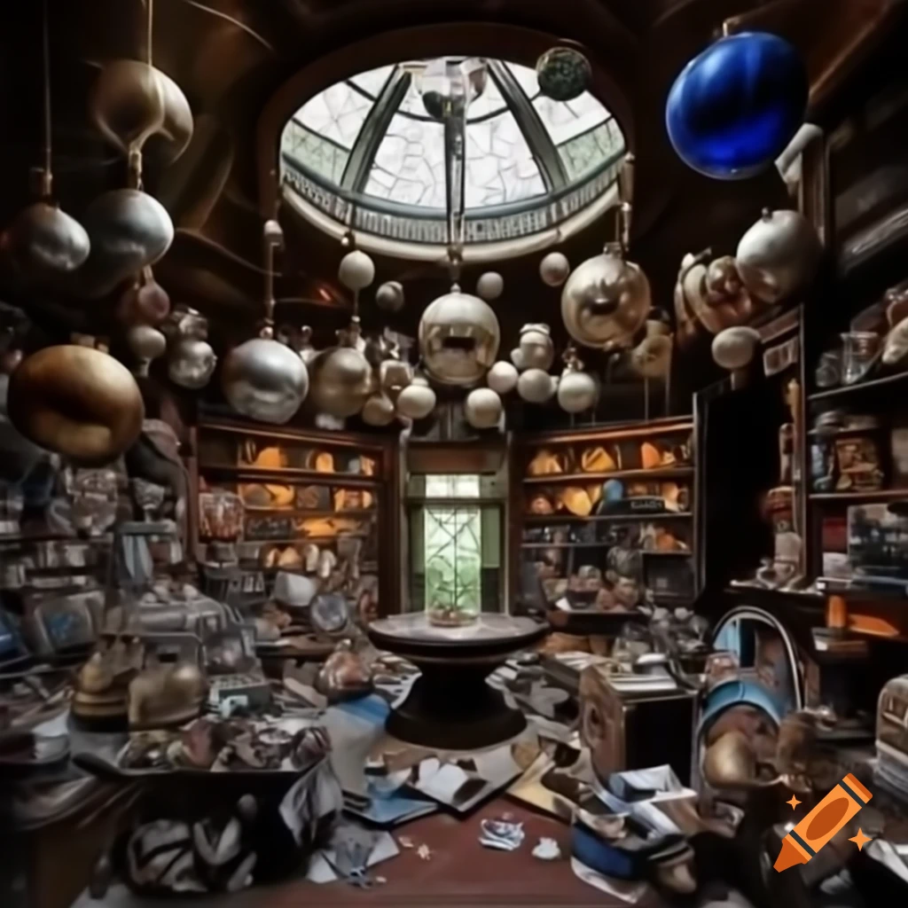 Ornate mansion filled with colorful treasures and metallic items on Craiyon