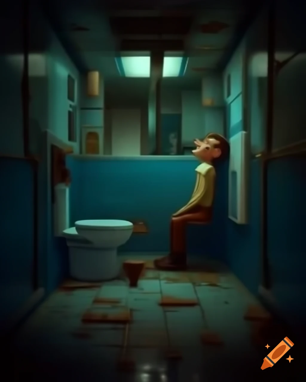 3D Pixar-style scene of subway bathroom with tired man holding asleep ...