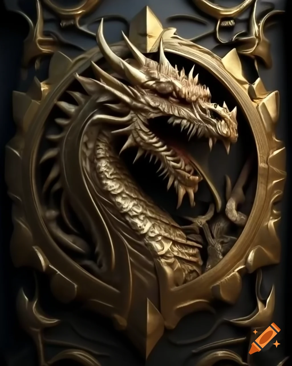 Highly detailed golden dragon emblem with gilt finish on Craiyon