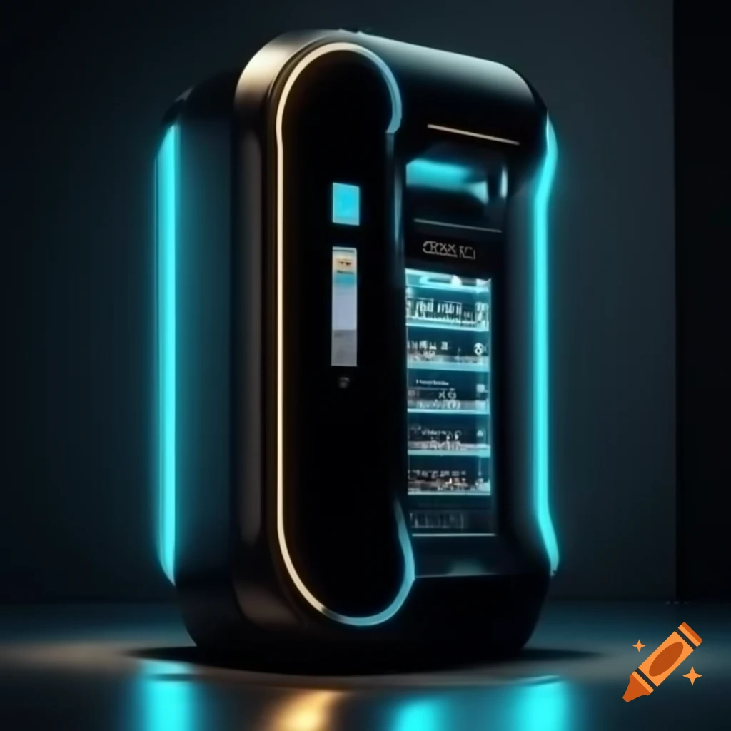 Futuristic black vitamin vending machine with touchscreen interface on ...