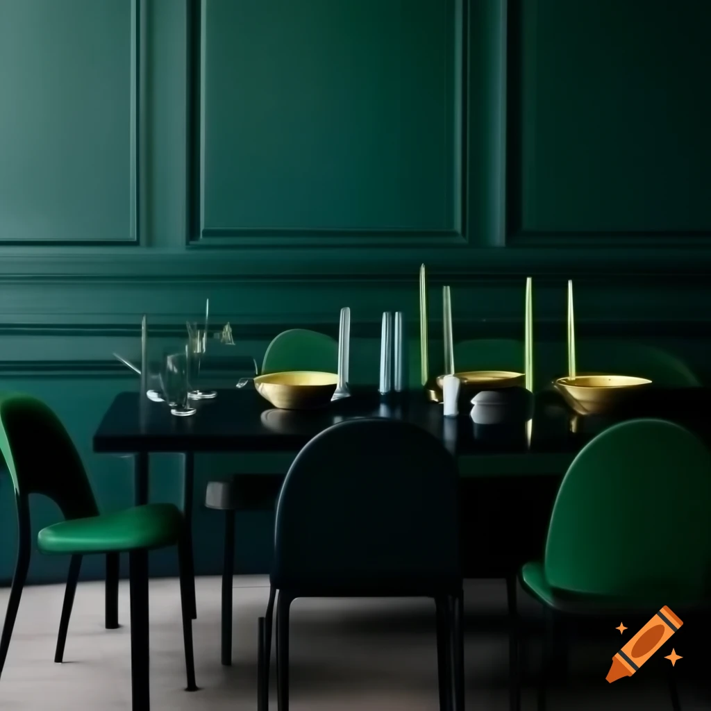 Dark green dining table with matching chairs in eclectic style on Craiyon