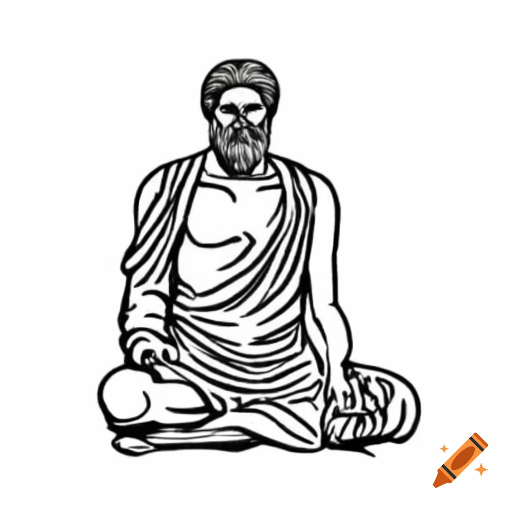 Black and white ink drawing of Greek philosopher meditating in mandala ...