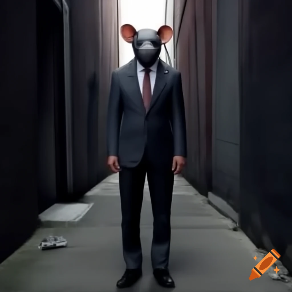 Full body shot of a man in a suit with rat face standing in alleyway on ...