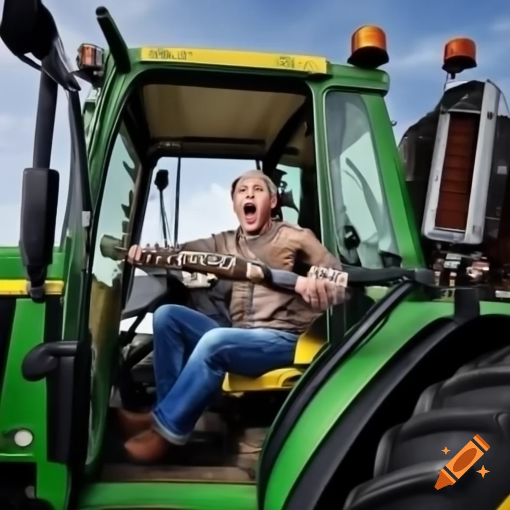 Farmer driving John Deere tractor holding shotguns and facing camera on ...