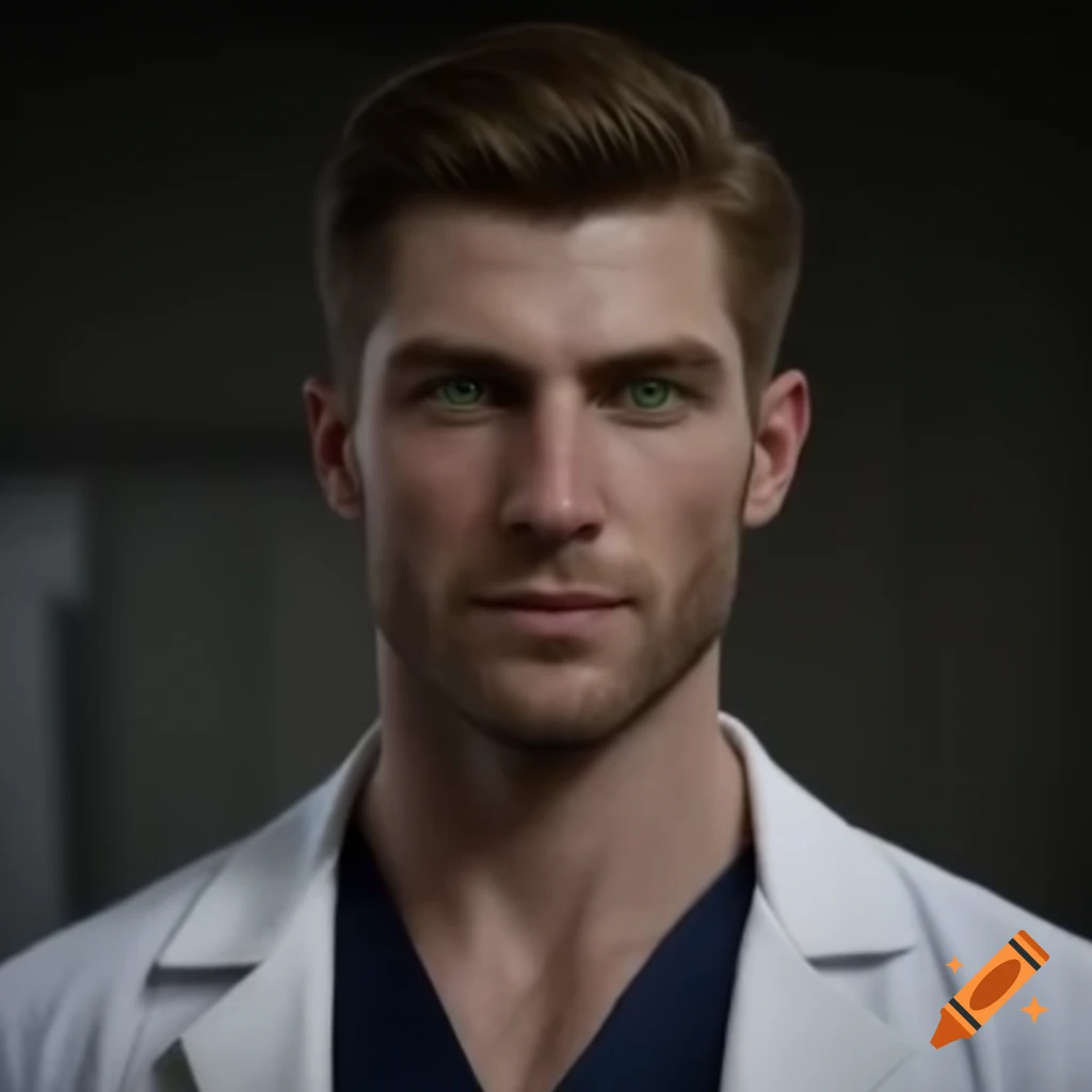 Tall white male doctor in a coat with dark blond hair and green eyes on ...
