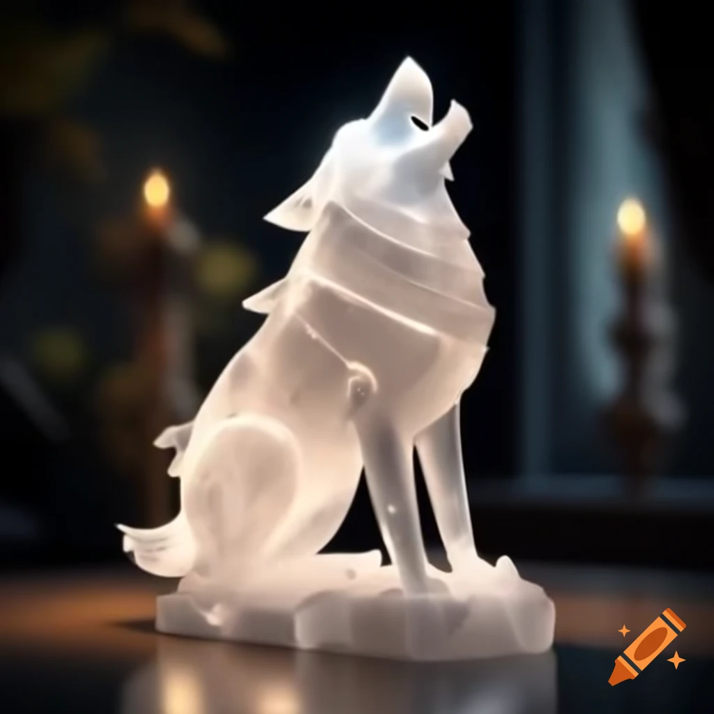 Ornate quartz sculpture of a wolf with delicate lighting on Craiyon