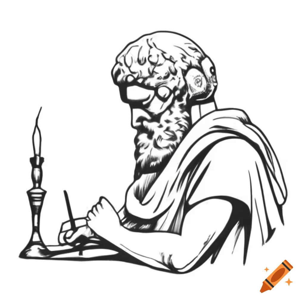 Black and white ink drawing of Greek philosopher writing by candlelight ...