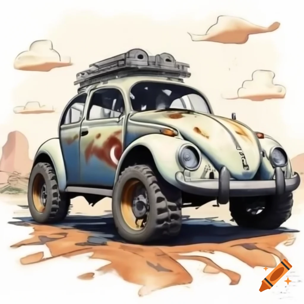 Cartoon zombie driving lifted Volkswagen Beetle with offroad tires, watercolor art on Craiyon