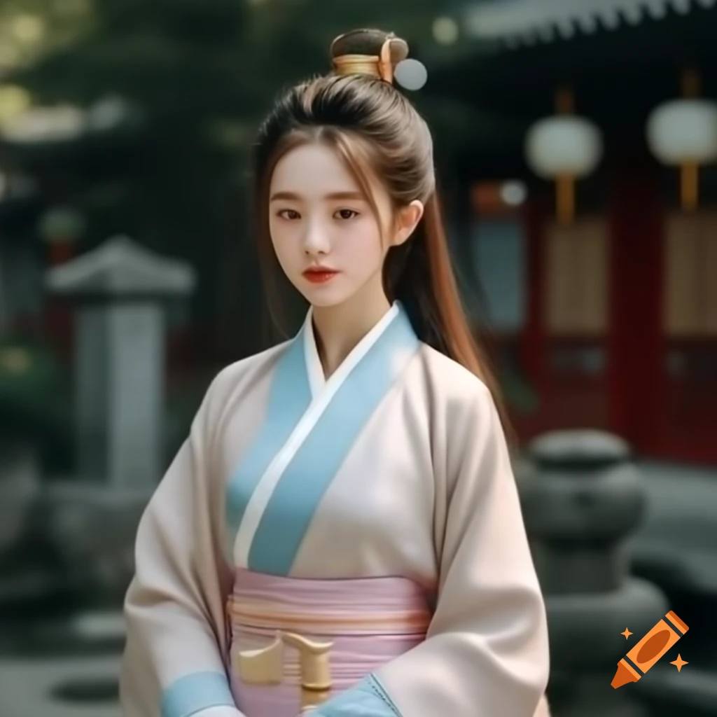 Young woman in Chinese princess robes in an Asian garden on Craiyon