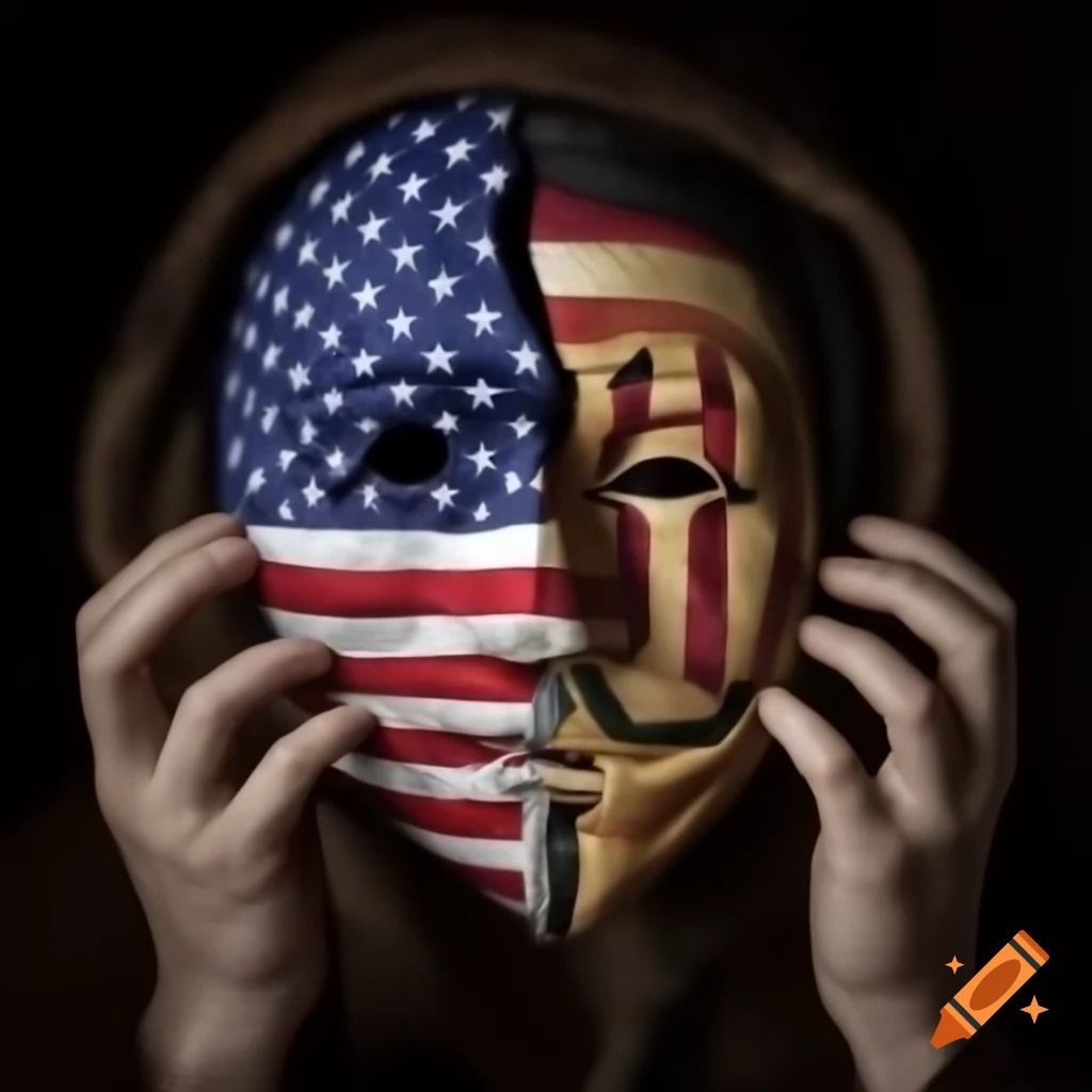 Human holding damaged American flag mask in front of face, revealing ...
