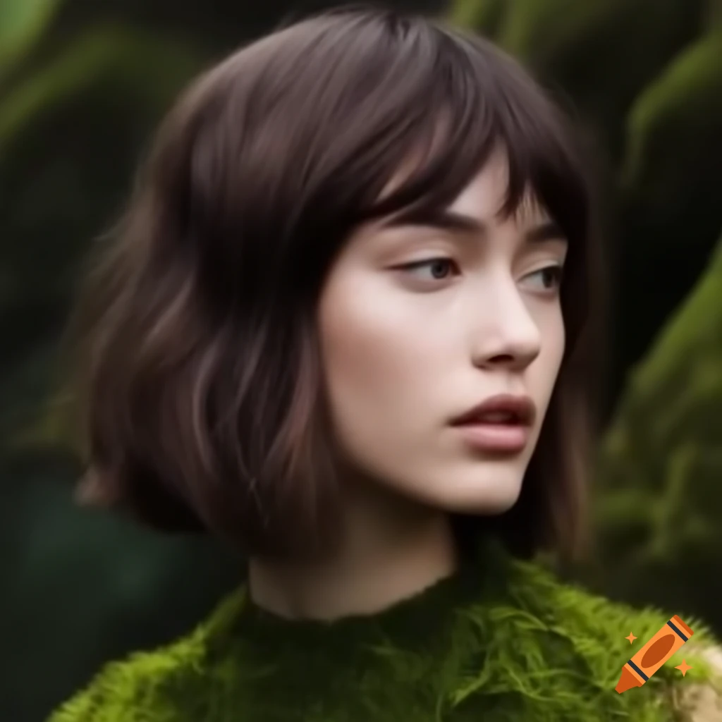 Young woman with brown wavy bob surrounded by lush moss on Craiyon