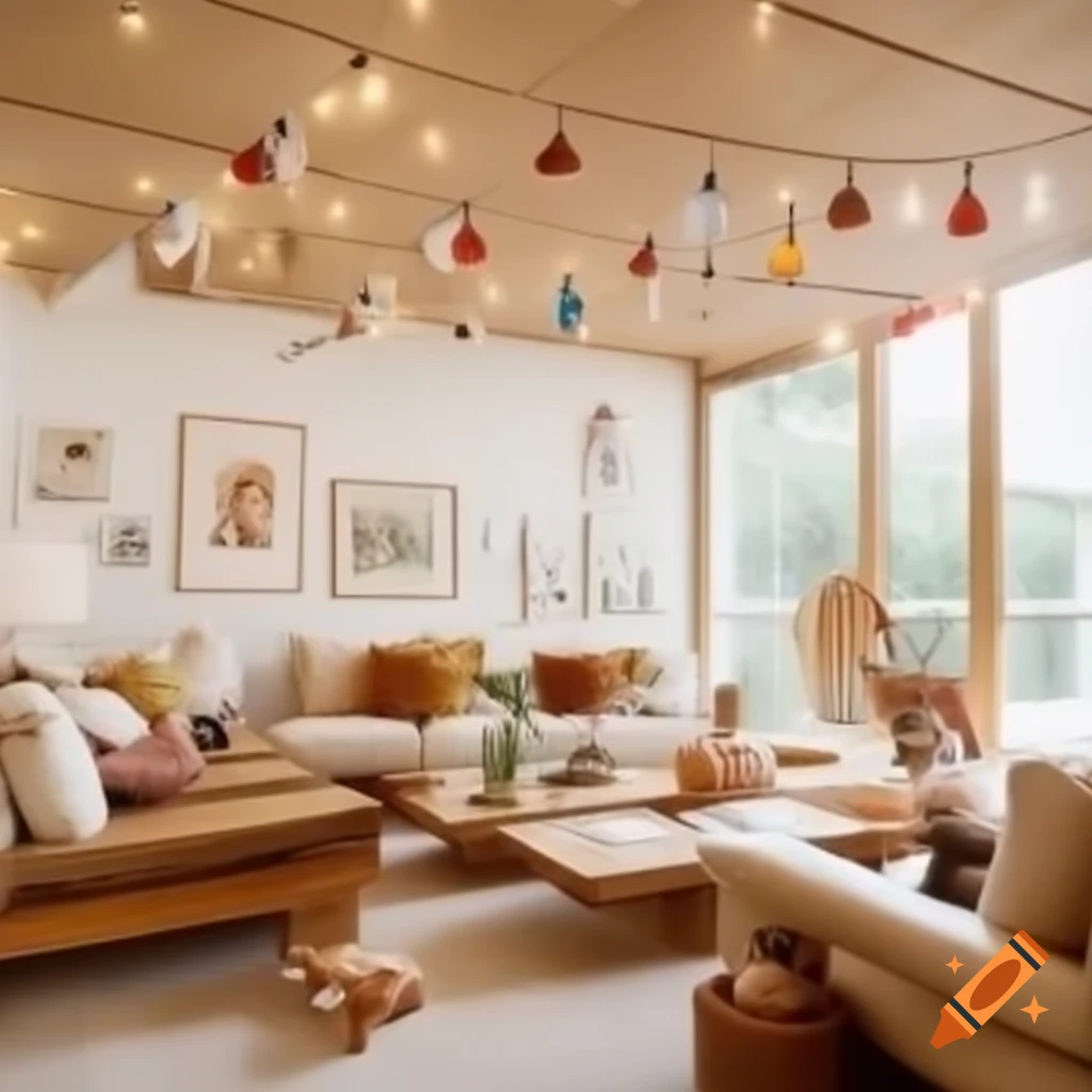Bright and cheerful living room with wooden tones and playful decor on ...
