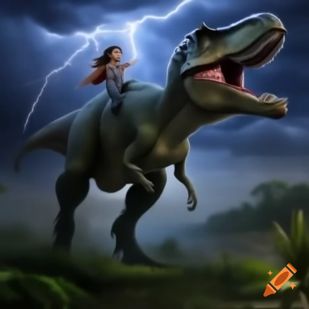 Jesus riding a dinosaur amidst a thunderstorm on Craiyon