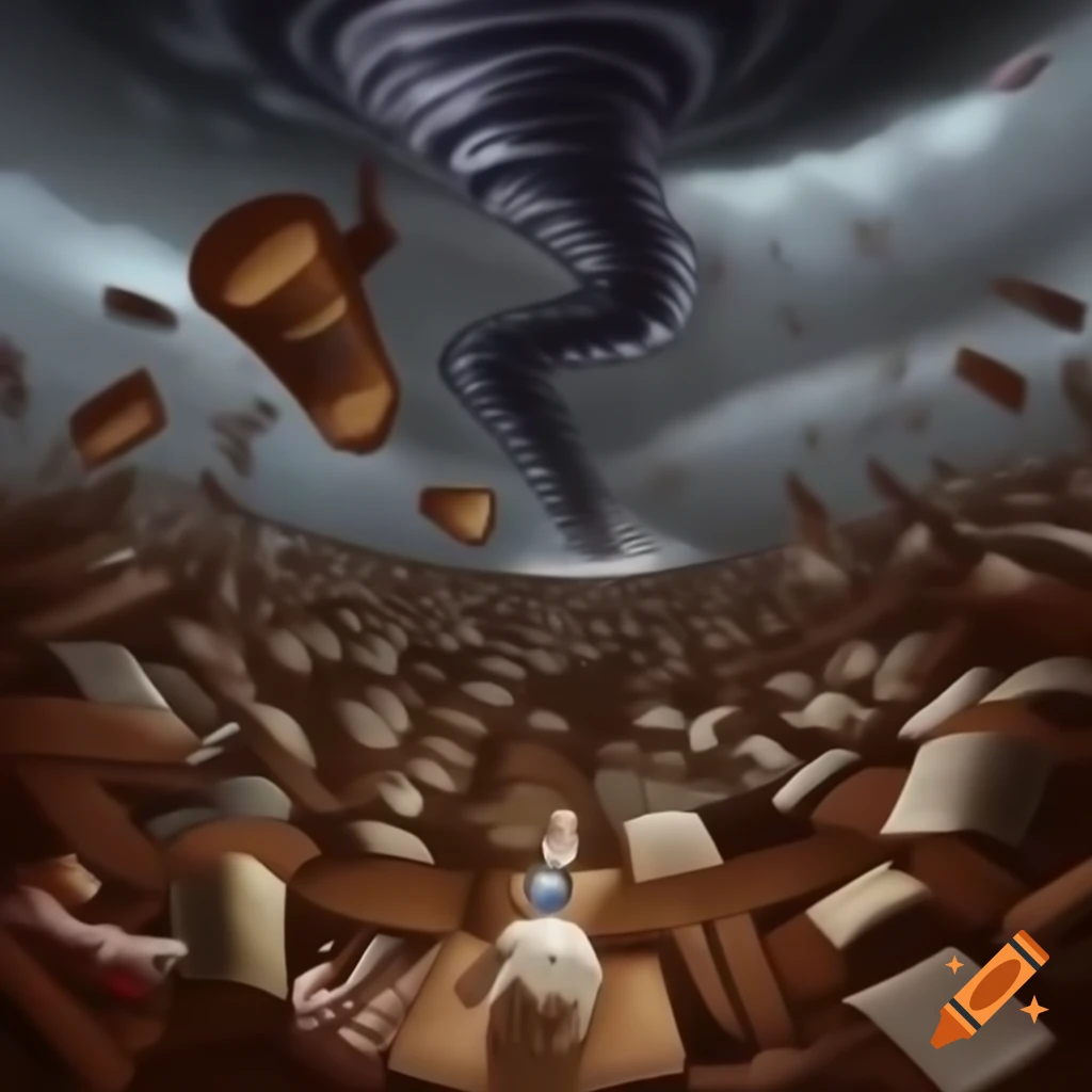 Anime art of chaotic family law books spinning in a tornado with ...