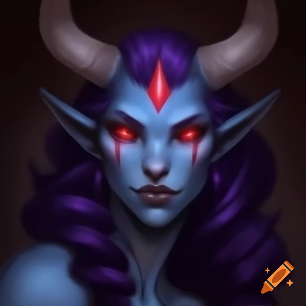 Half-minotaur woman with red eyes, curled horns, light blue skin, and ...