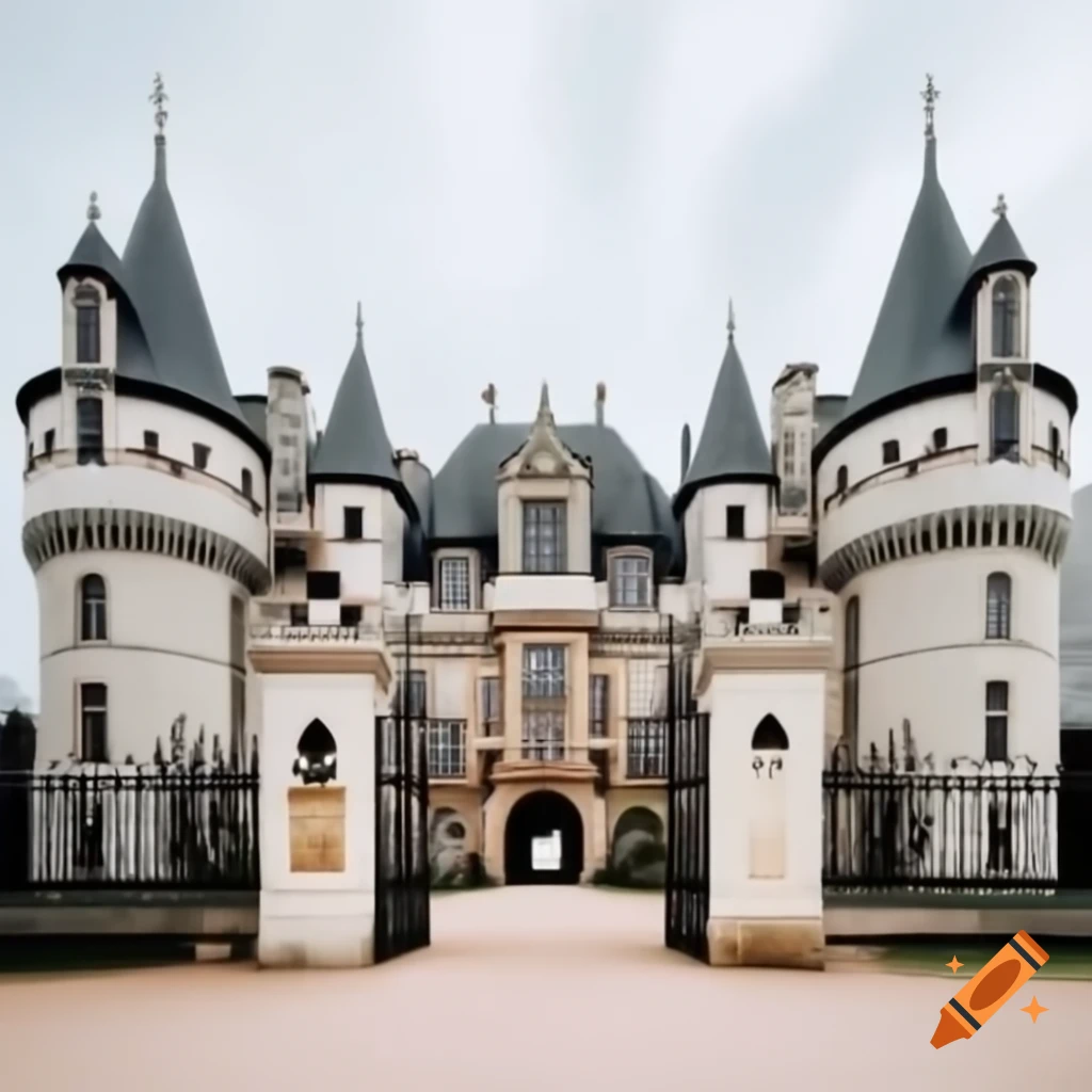 Old style castle from 1889 with big gate, black and white on Craiyon