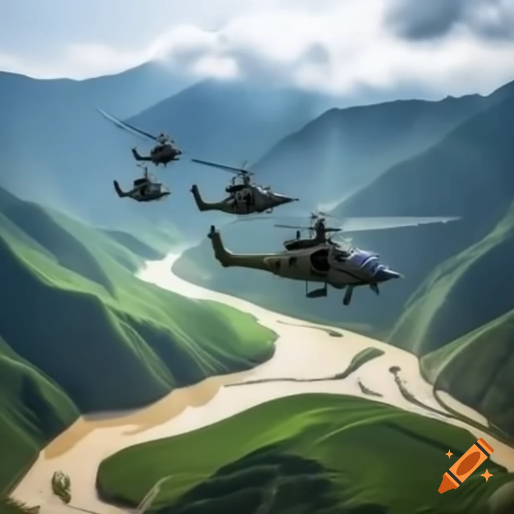 US army helicopters flying over flooded rice terraces in Sapa with reflections on Craiyon