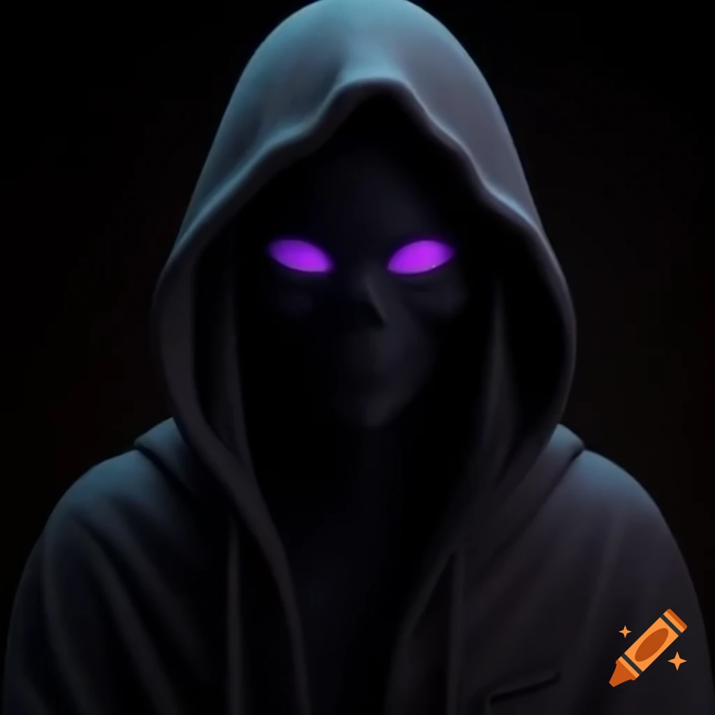 Mysterious faceless cloaked figure with glowing purple eyes on Craiyon