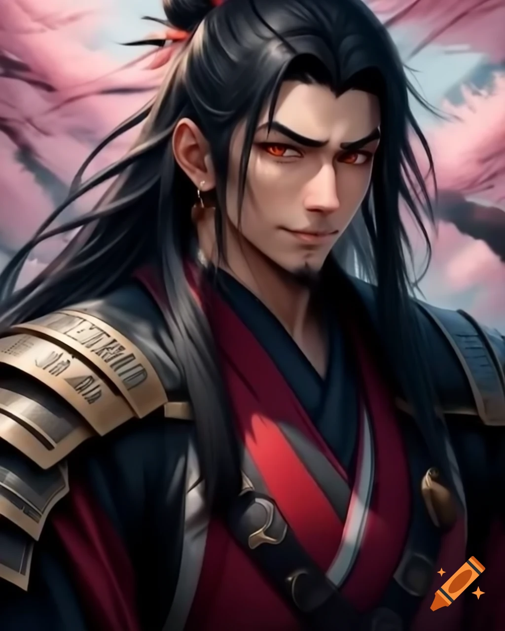 Samurai in armor with flowery katana surrounded by Sakura trees on Craiyon