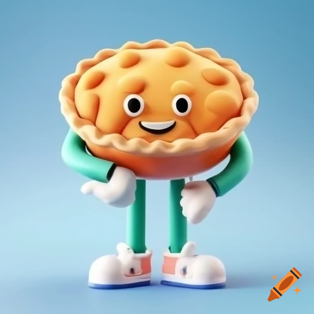 Cartoon 3D pie mascot with arms, legs, and a friendly face on Craiyon