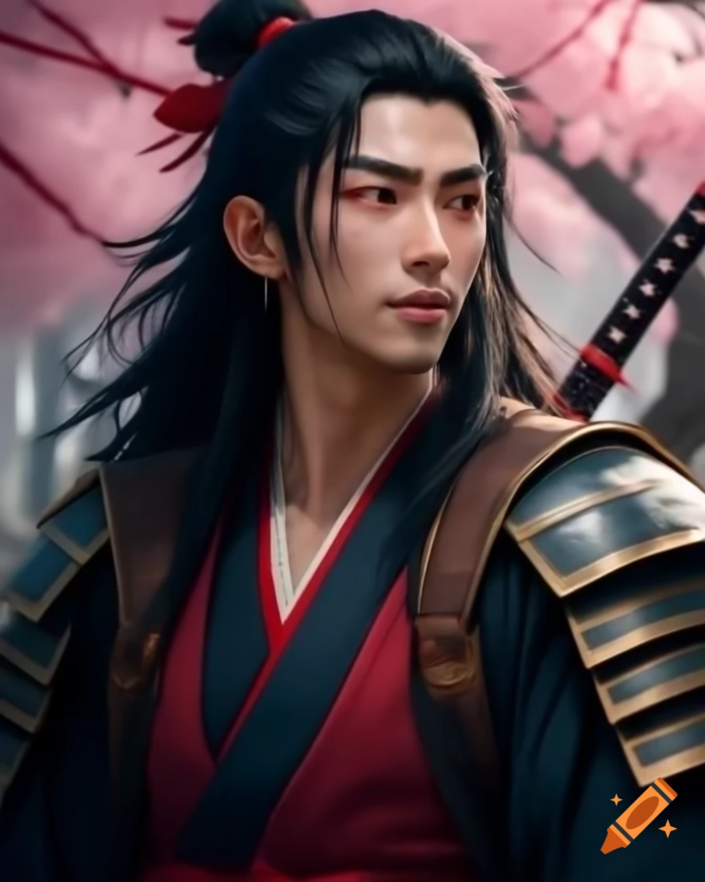 Smiling samurai in armor with floral katana sword among Sakura trees on ...