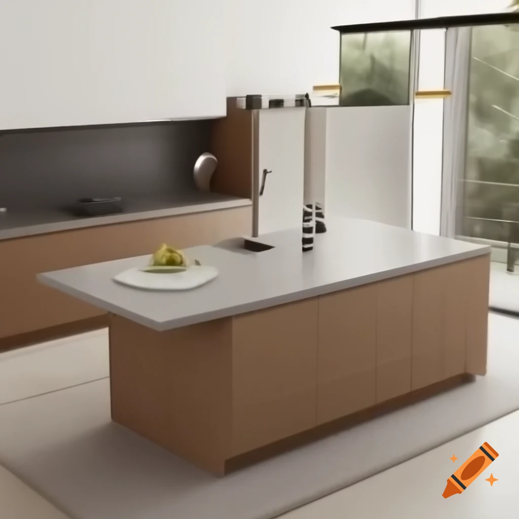 Modern kitchen open to living room with corner window, featuring wooden ...
