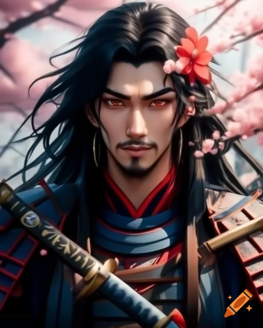 Samurai in armor with flowery katana surrounded by Sakura trees on Craiyon