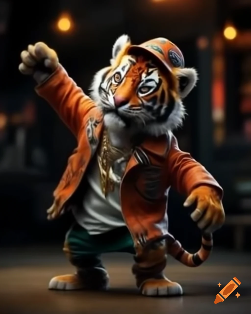 Dancing tiger in hip-hop style with a cool hat on Craiyon