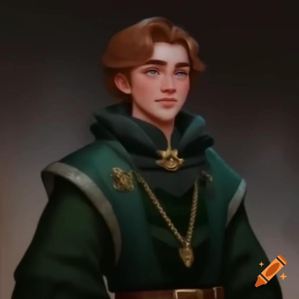 Young man in medieval garb with gold jewellery and light brown eyes on ...