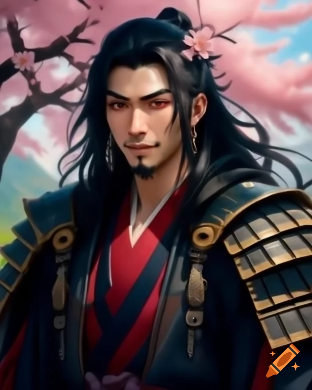 Samurai in armor with flowery katana, surrounded by Sakura trees on Craiyon