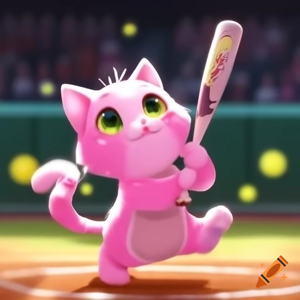 Cute pink kitten with sparkling eyes playing softball with a bat on Craiyon