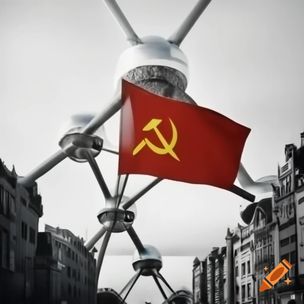 USSR flag above Brussels Atomium in socialist realism style on Craiyon