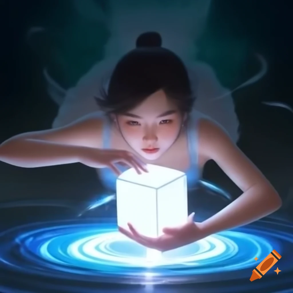 Young Asian woman opening magic cube with white soul flowing, illusion mirror background on Craiyon