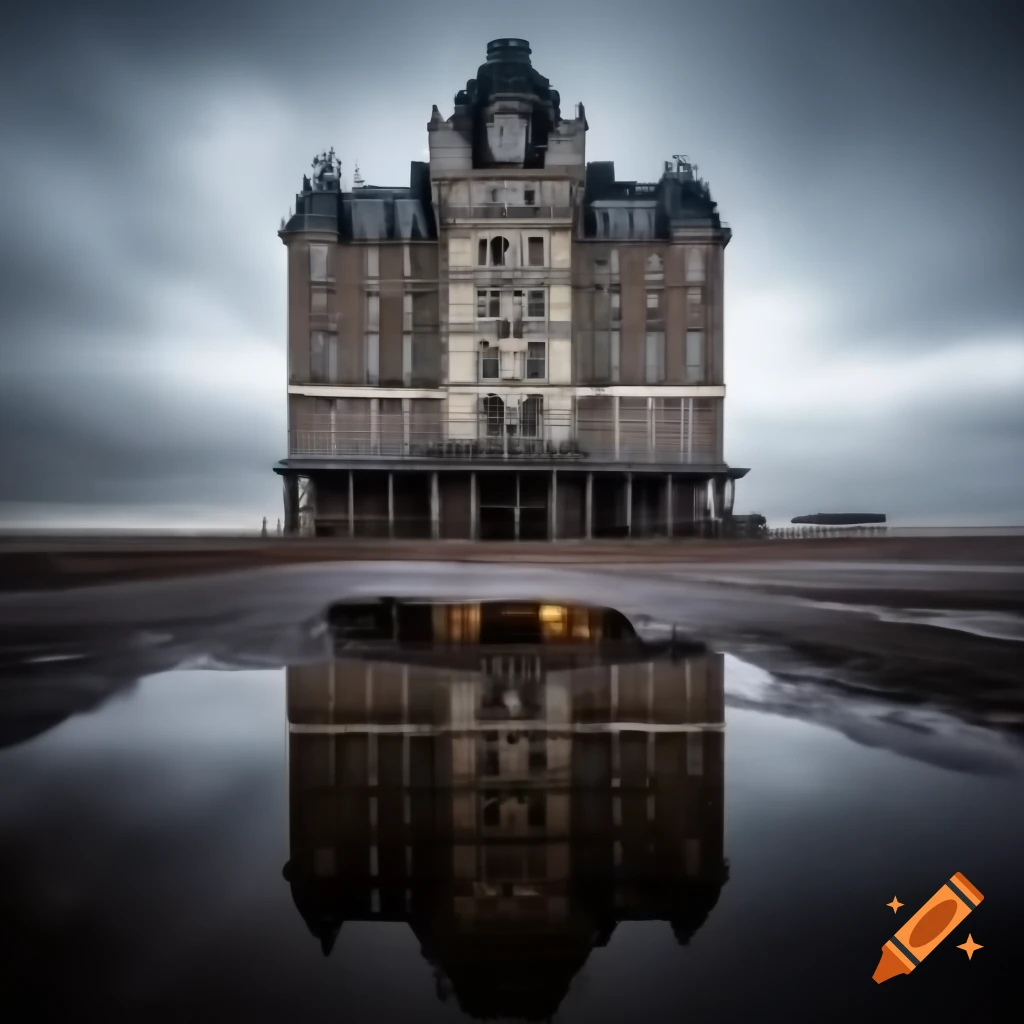 Isolated building surrounded by snow and puddles under grey sky on Craiyon