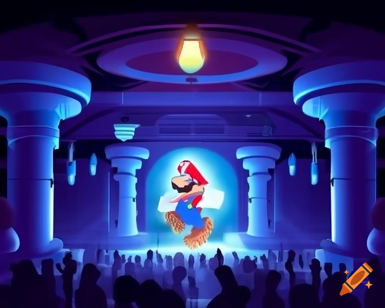 Cartoon 3D scene of Mario nightclub with cabaret show and crowd, blue ...