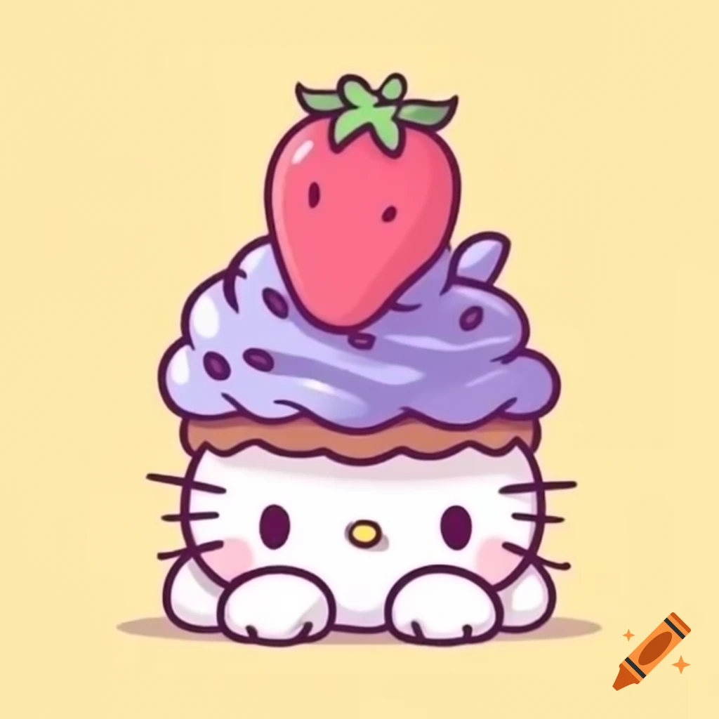 Chibi kitty with cupcake and strawberry on head, cute and colorful on ...