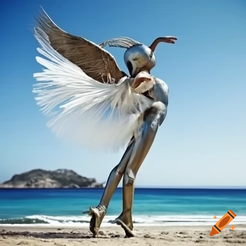 Supermodel with metallic wings flying over Mediterranean beach on Craiyon
