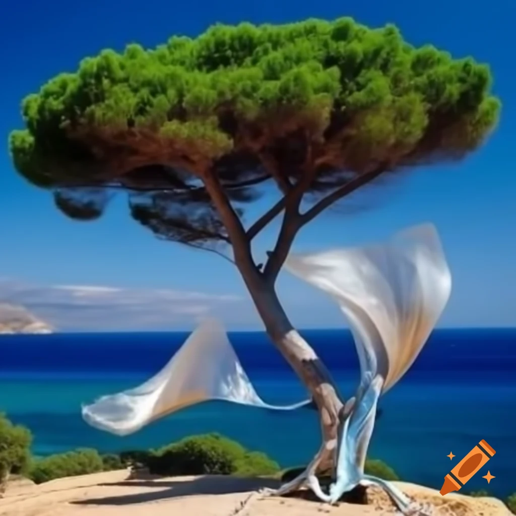Majestic Mediterranean pine by seaside with supermodel flying and ...