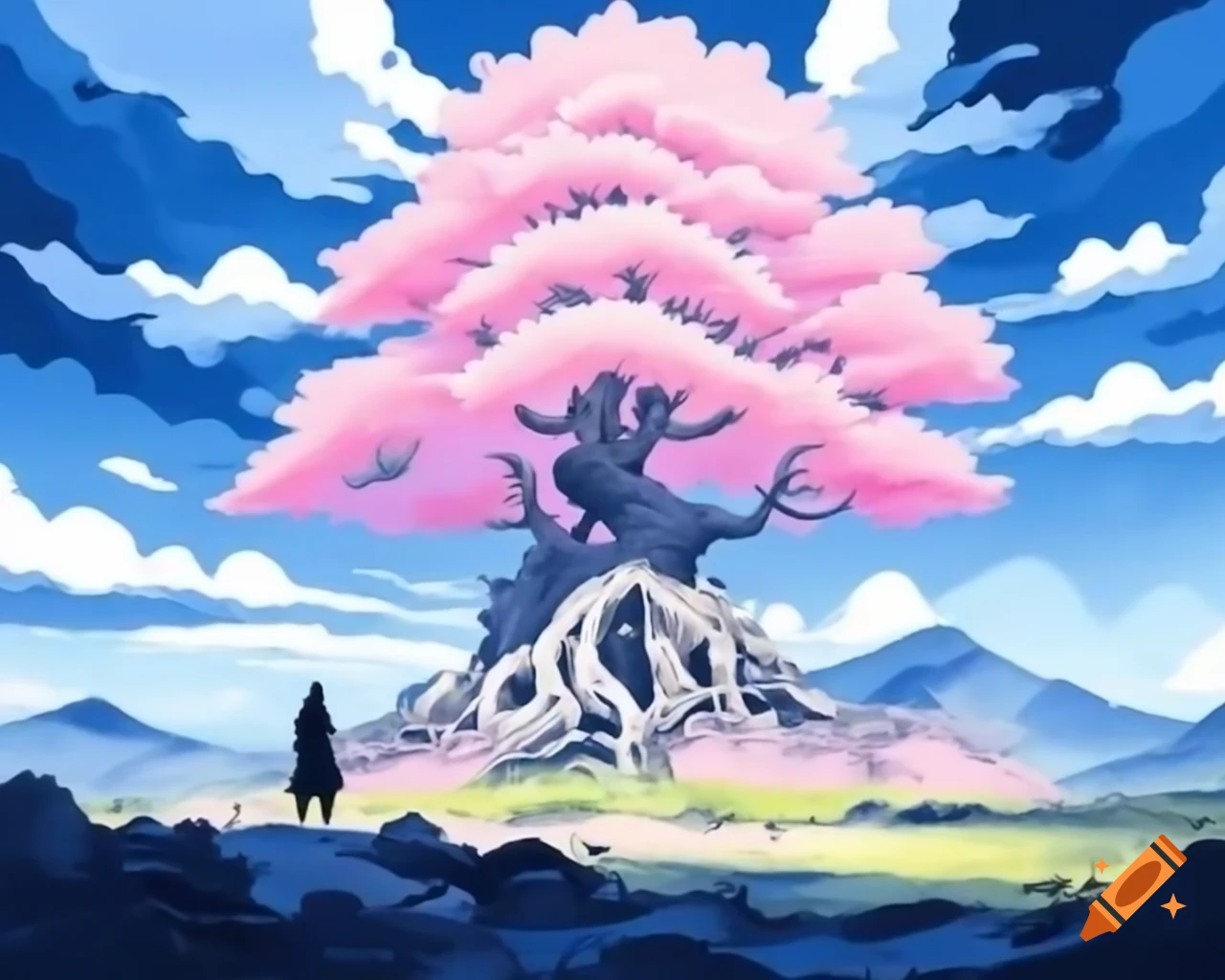Dramatic anime illustration of a ninja beneath a cherry bonsai tree on ...