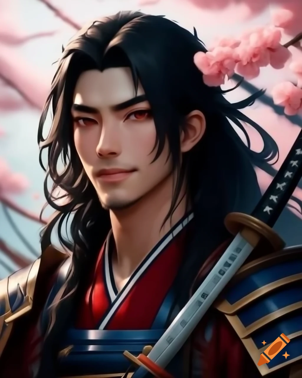 Samurai in armor with flowery katana surrounded by Sakura trees on Craiyon
