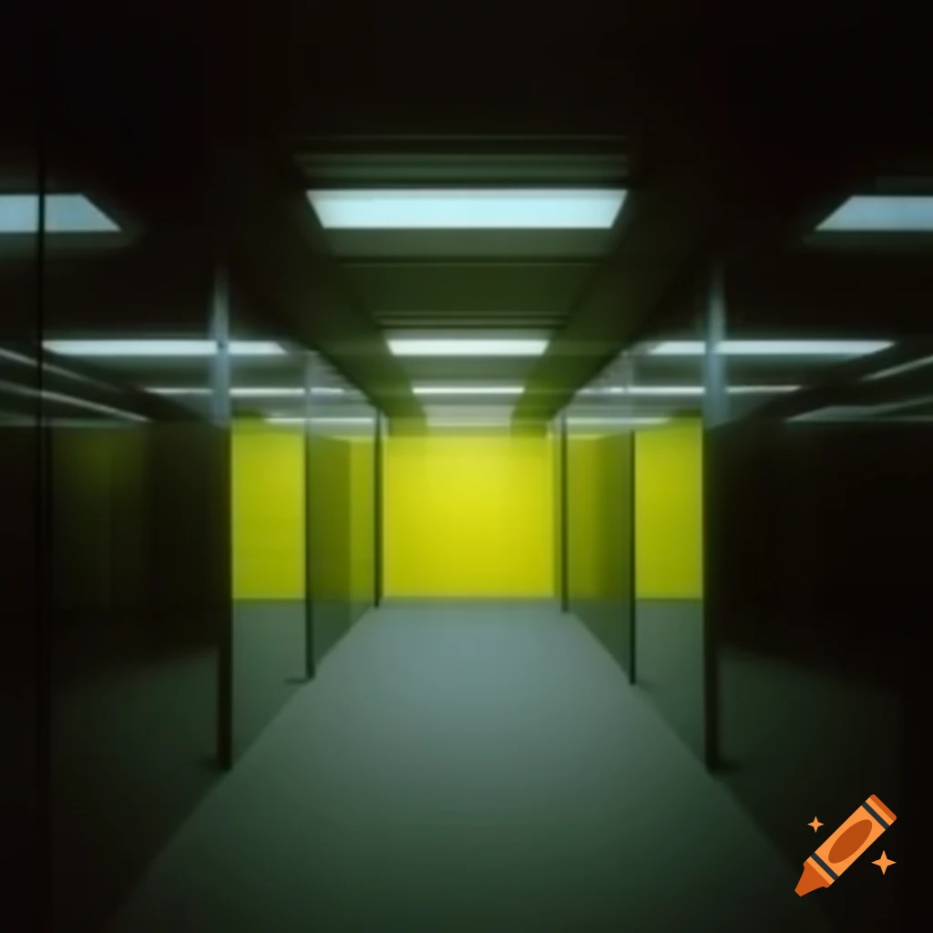 Liminal space with empty office and thrift store aesthetic in yellow ...