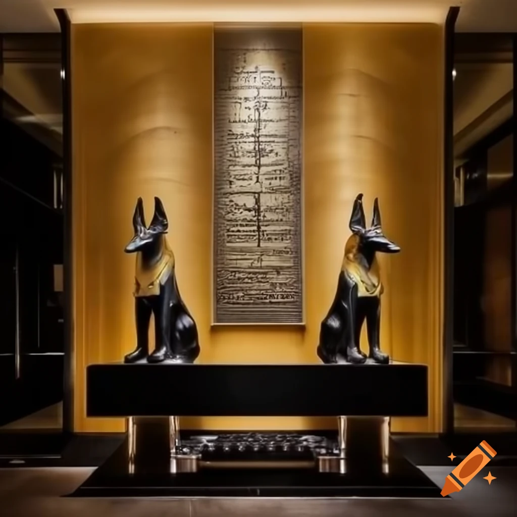Luxury hotel lobby with charcoal and gold decor featuring Anubis ...