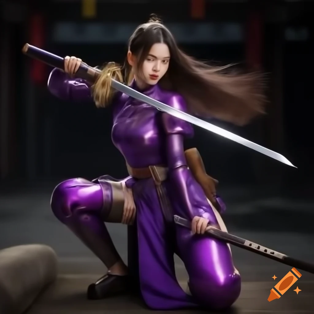 Young woman in purple Chinese suit wielding two shining katanas in ...