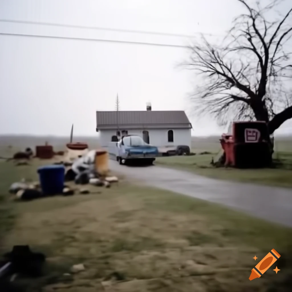 Rural house with large driveway, vintage vehicles from the 70s, and ...