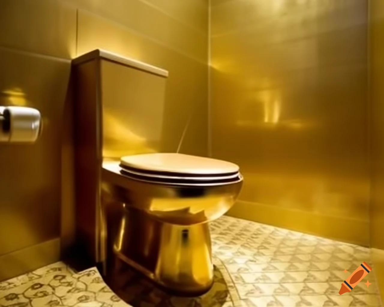 Luxurious golden bathroom with gold fixtures and dramatic lighting on ...