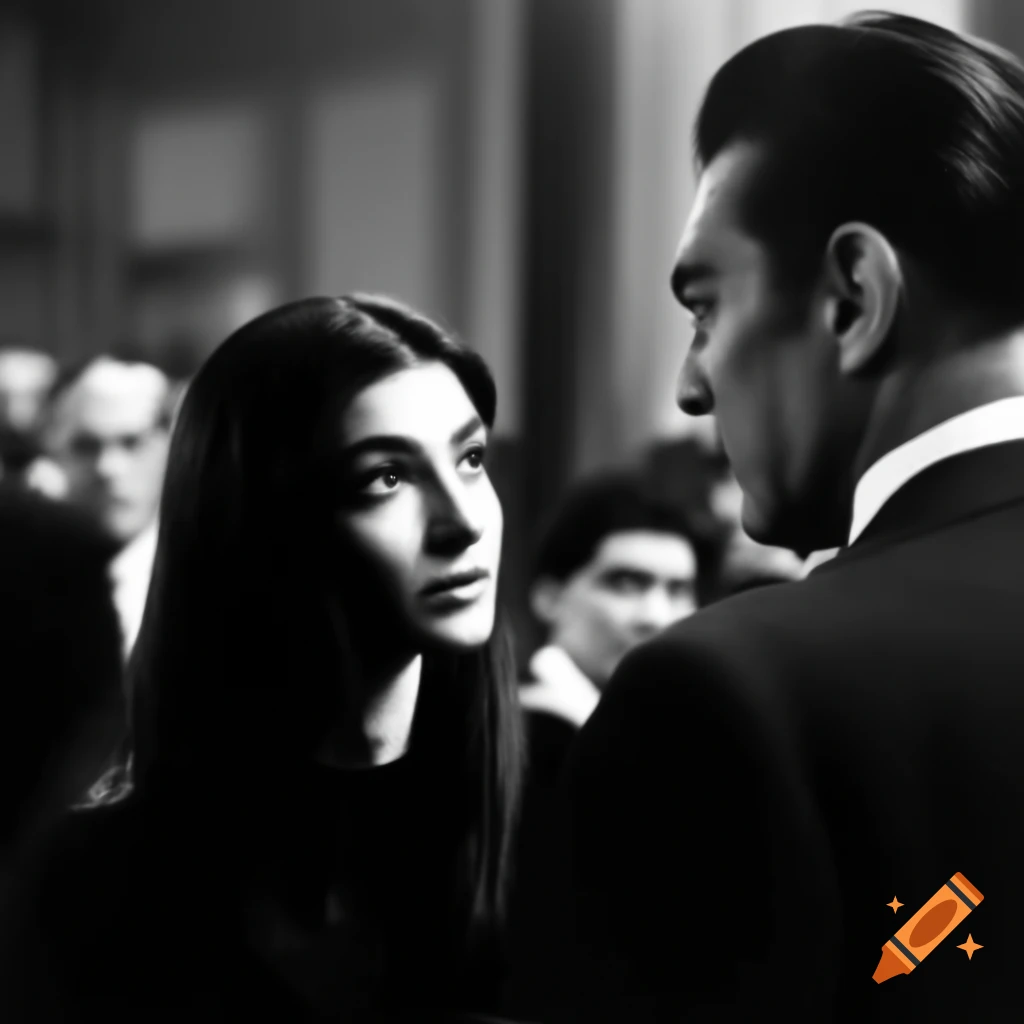 Contemplative woman and sharply dressed man in classic Italian film ...