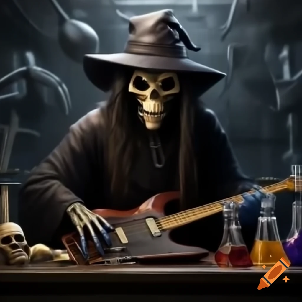 Scientist wizard grim reaper playing electric guitar in laboratory with ...