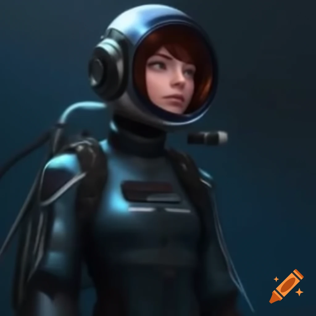 Woman in futuristic diving suit with bubble helmet and air hoses on Craiyon